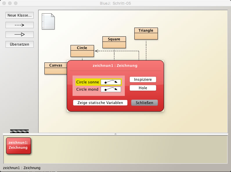 Der Objektinspektor von BlueJ zeigt die Attribute des Zeichnungs ...